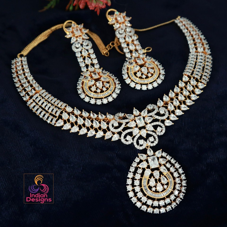 Exclusive Silver Polish American Diamond Collar necklace Earring set ...