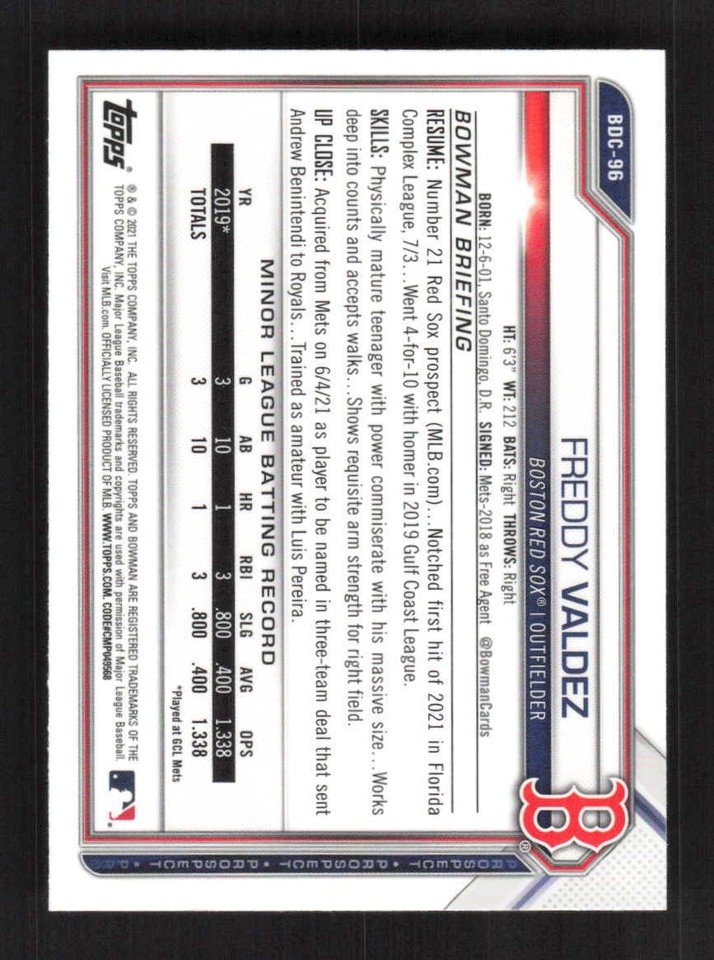 Freddy Valdez 2021 Bowman Draft Chrome Refractor Boston Red Sox #BDC-96 ...