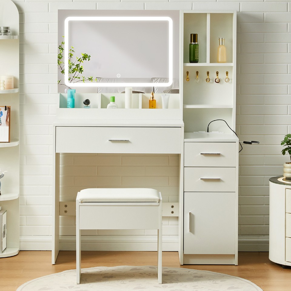 Dressing Table With Drawers LED Mirror Stool Set Makeup Desk Vanity ...