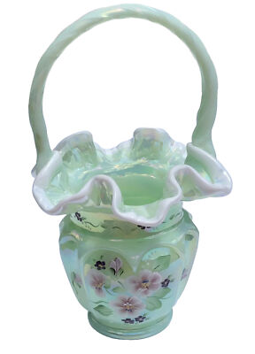 QVC Fenton Glass - Iridized Sea Green Satin - Open Arches Basket - Hand ...