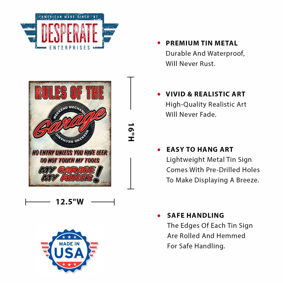Desperate Enterprises Rules of The Garage Tin Sign Metal Wall Decor ...