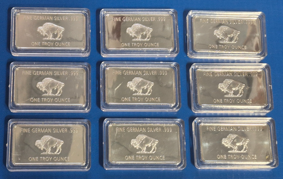 (9) 1 Troy Oz. USA American Buffalo - .999 Fine German Silver Bar, 9 Oz ...