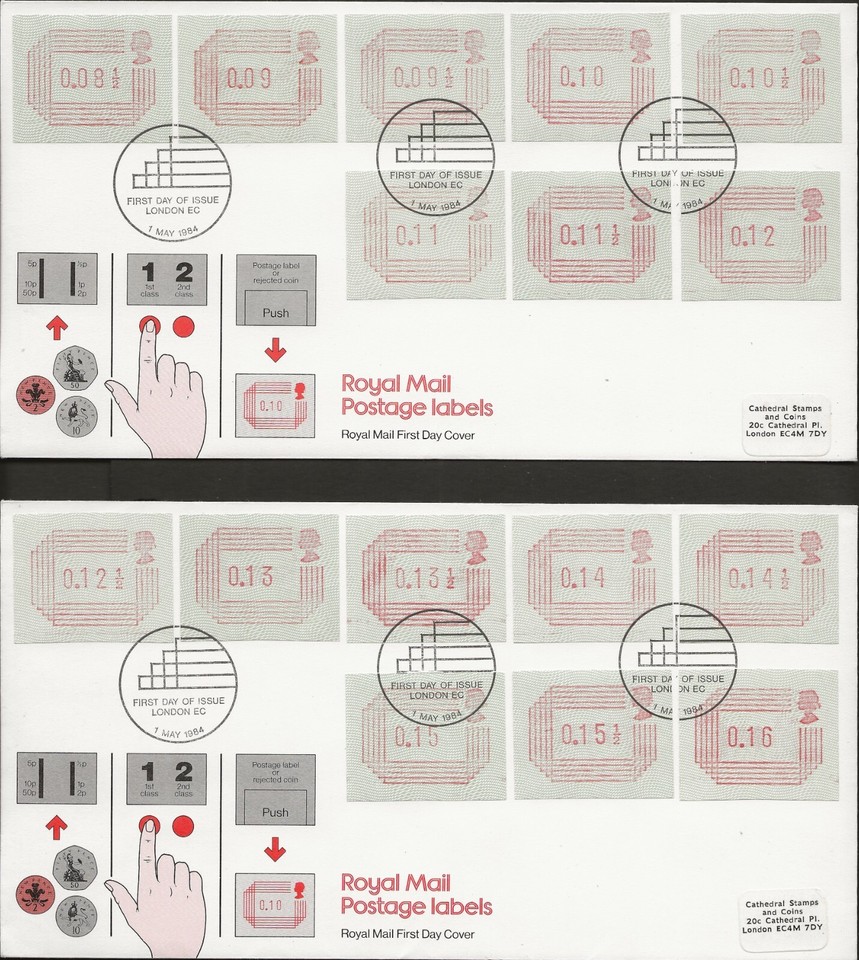 1/5/1984 FRAMA LABEL’S - ½ p TO 16p FULL SET 32 POSTAGE LABELS ON FOUR ...
