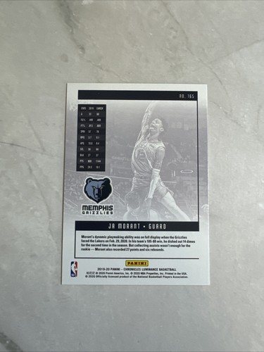 Ja Morant Rookie The Dunk 2019-20 Panini Chronicles Luminance #165 ...
