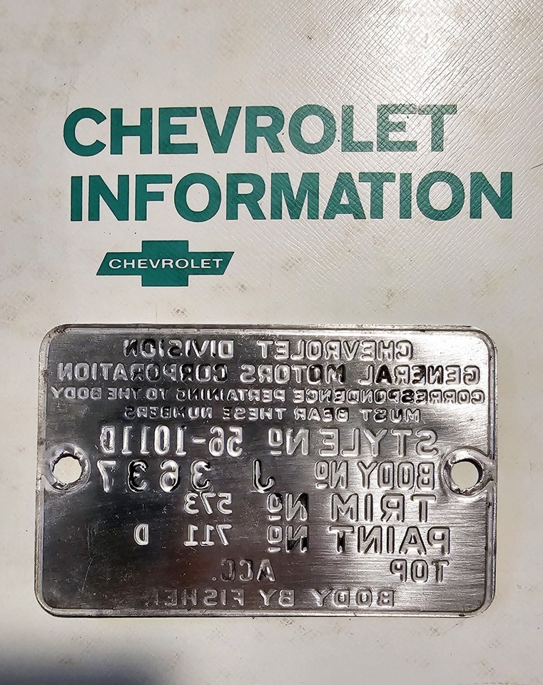 1956 Chevrolet Bel Air 2 Door Sedan Trim Cowl Tag India Ivory & Matador ...