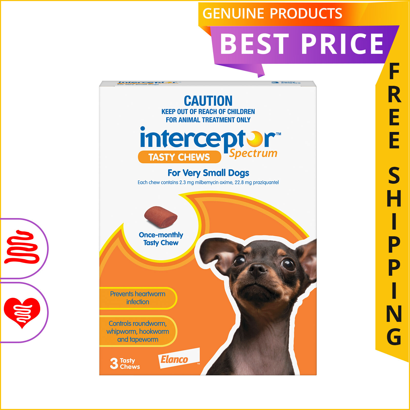 INTERCEPTOR Spectrum 3 Doses for Dogs Monthly Chewable Heartworm Worm ...