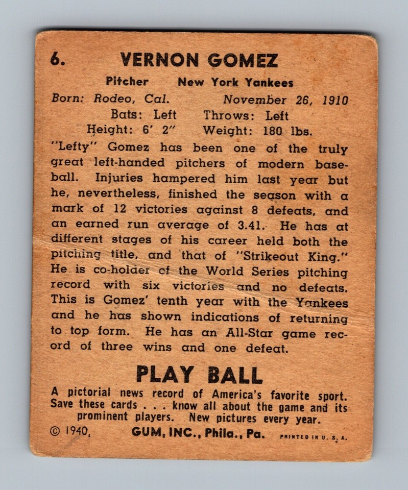 1940 Play Ball #6 Lefty Gomez HOF LOW GRADE Vintage Baseball Card | eBay
