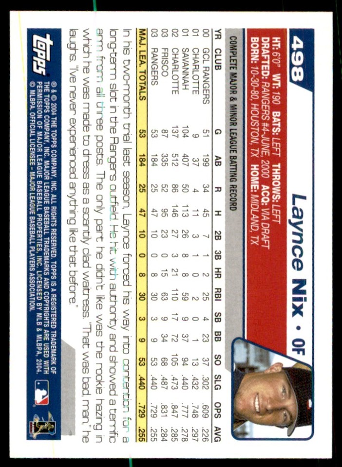 2004 TOPPS LAYNCE NIX TEXAS RANGERS #498 | eBay
