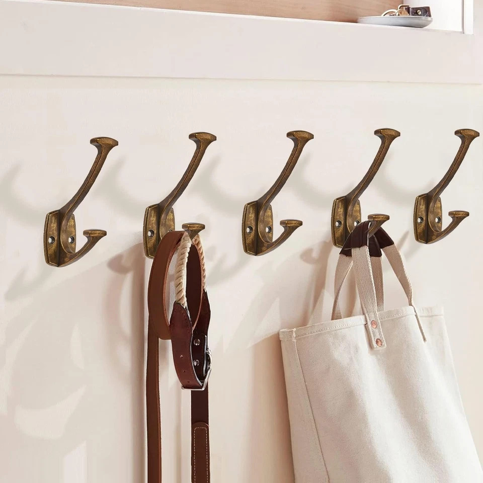 5 Pack Antique Brass Heavy Duty Solid Large Coat Hooks Wall Mounted for ...