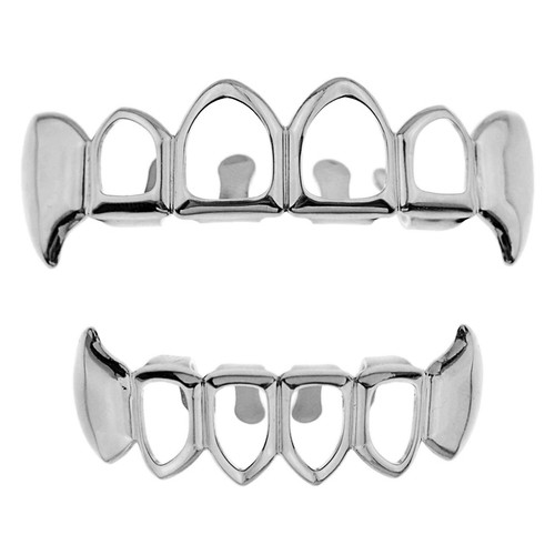 Four Open Face Fang Grillz Silver Tone Top Bottom Hip Hop Vampire Fang ...