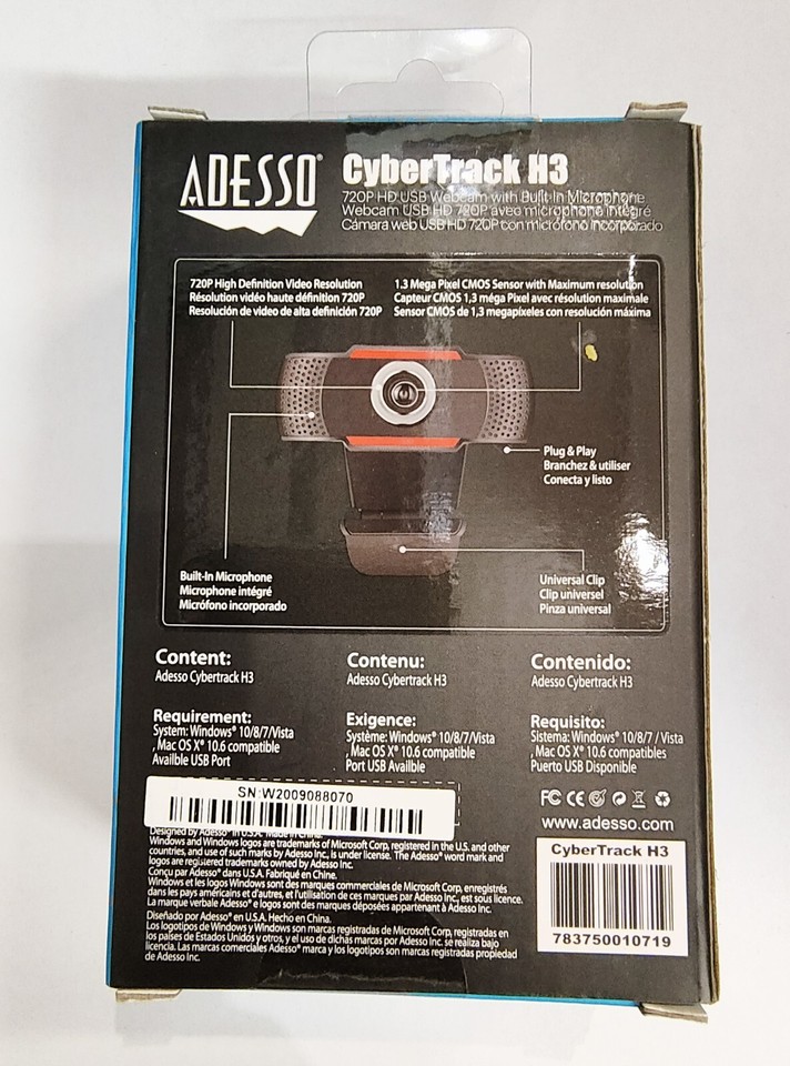 Adesso CyberTrack H3 720p HD USB Webcam with Built-In Microphone - NEW ...