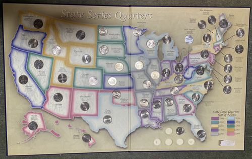Completed State Series Quarters Collectors Map 1999-2008 - 51 Coins ...