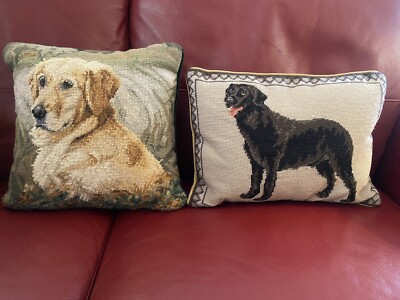 Black Yellow Lab Toss Needlepoint Pillow Labrador Dog Lot 2 Wool Velvet ...