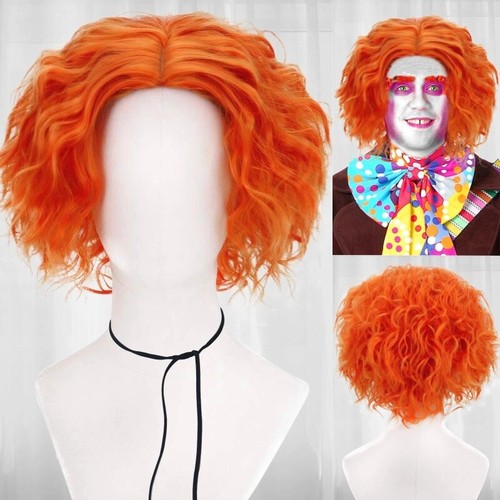 12 Inch Short Orange Curly Mad Hatter Cosplay Wig for Men Halloween ...