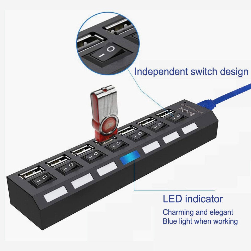 7 Port USB 3.0 Hub High Speed Splitter Box Power Adaptor Charger ON/OFF ...