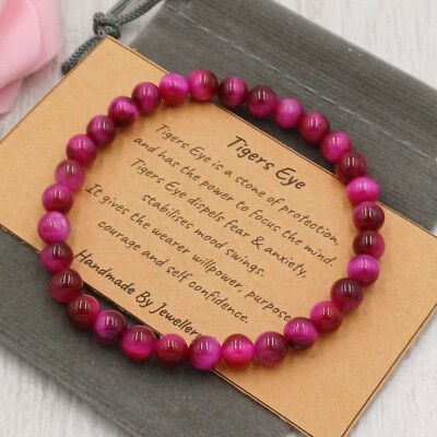 MAGENTA TIGERS EYE Bracelet Stretch Fit Handmade + Gift Bag & Card ...
