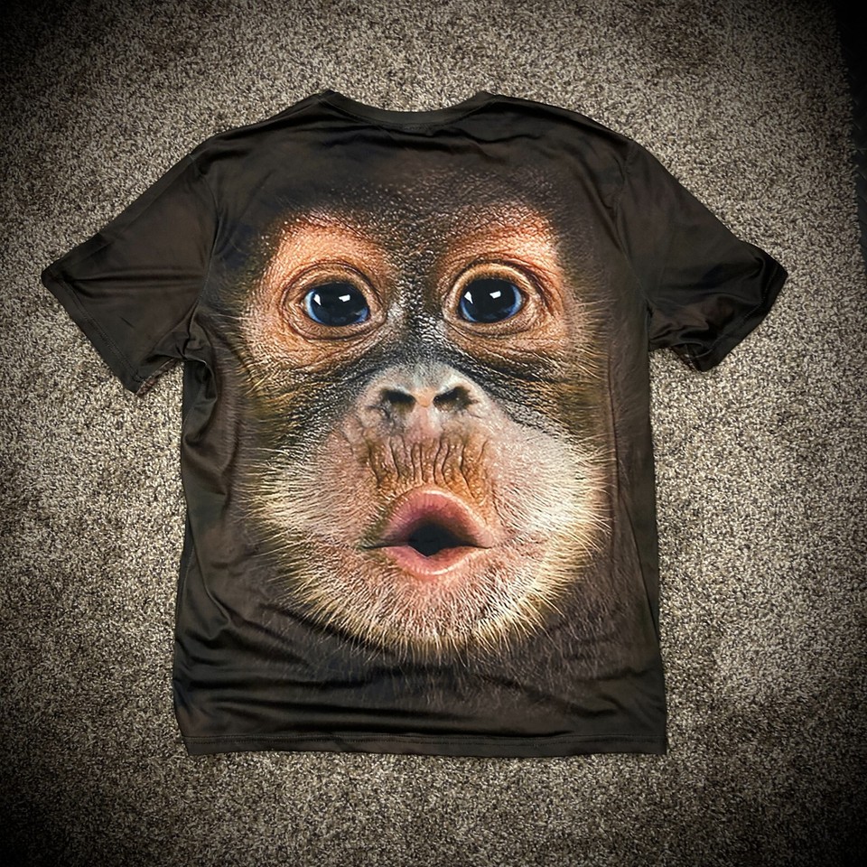 Women XL CHIMPANZEE FACE T-SHIRT sublimated polyester BIG LOGO FRONT ...