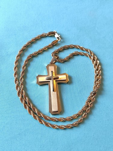Gold Plate Stainless Steel Cross Necklace Large Rope Chain Hip Hop 24 ...