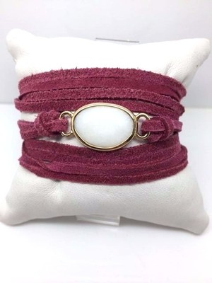 WHITE FACETED QUARTZ W/ RASPBERRY COLOR LEATHER STRAND BRACELET IN S.S ...