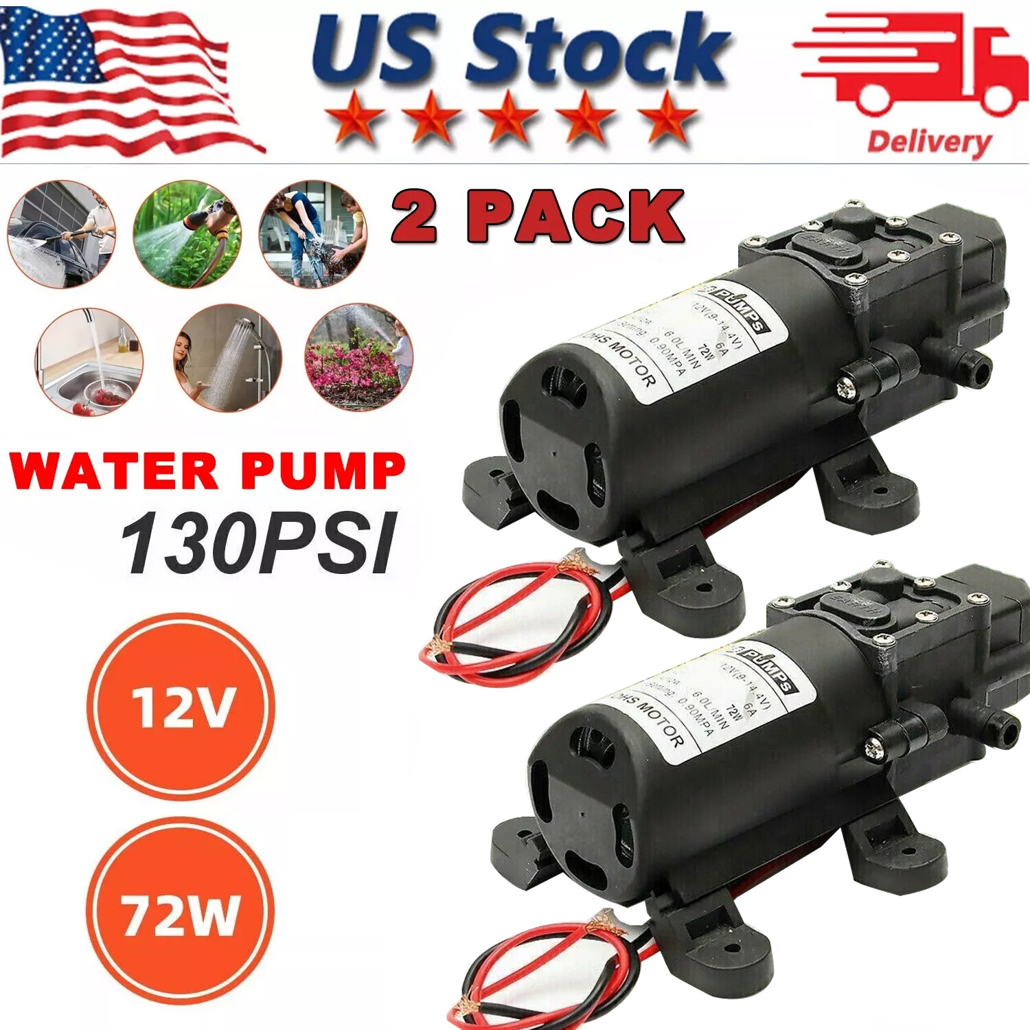 2Pack 12V Water Pump 130PSI Self Priming Pump Diaphragm High Pressure ...