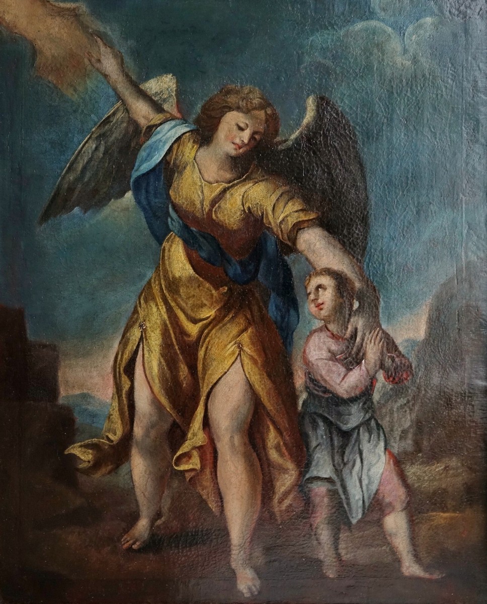 Baroque Angel Painting The Sacrifice Of Isaac, Large Baroque Oil