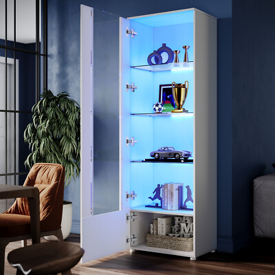 High Gloss Display Cabinet White Cupboard Storage Sideboard with RGB ...