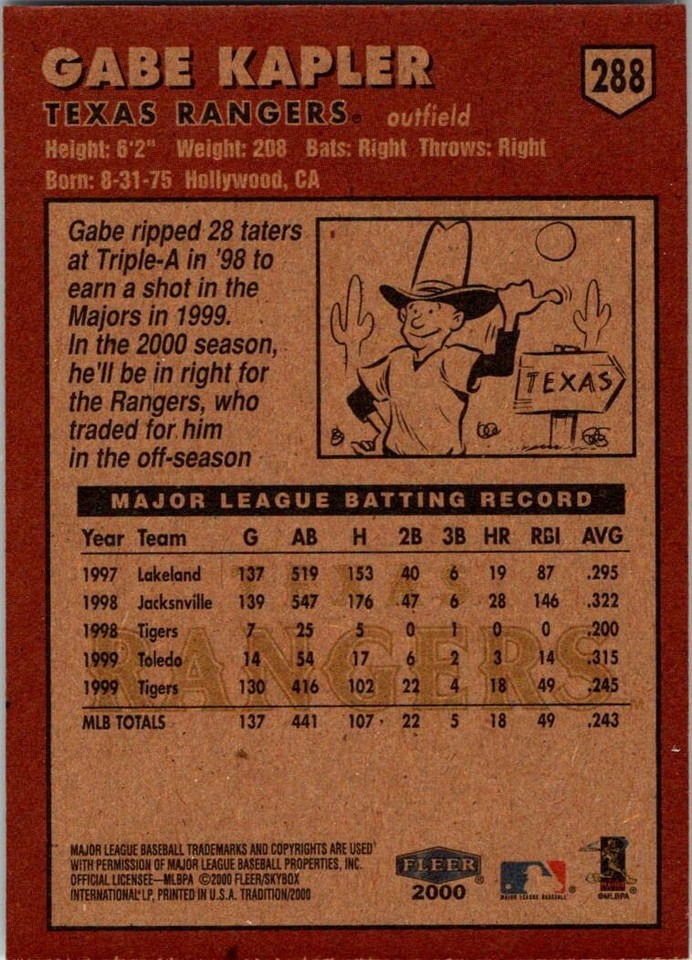 2000 Fleer Tradition Gabe Kapler #288 Texas Rangers Baseball Card | eBay