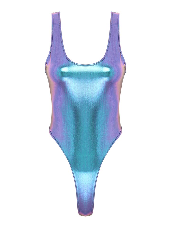 Womens Shiny Metallic Bodysuit One Piece Sleeveless Leotard Rompers ...