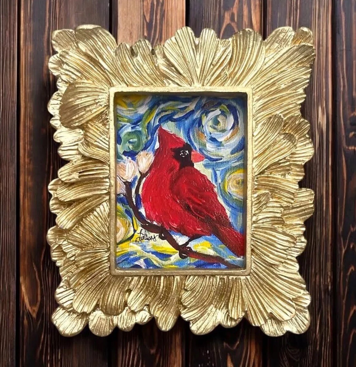 Cardinal bird miniature art watercolor print in gold vintage style ...