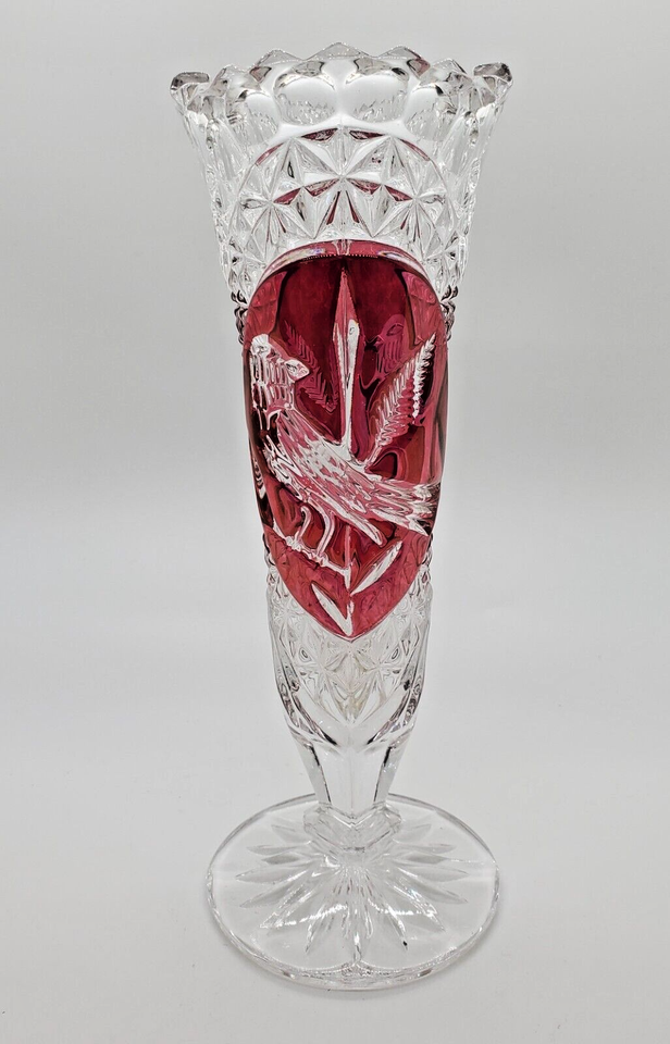 Bohemian Czech Ruby Red Art Glass Etched Cut Glass Crystal Vase Bird ...