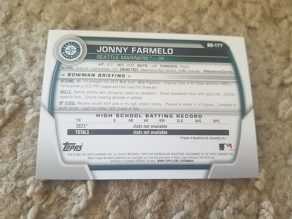 JONNY FARMELO 2023 BOWMAN DRAFT CARD BD-177 MARINERS (25-CARD FIRST ...