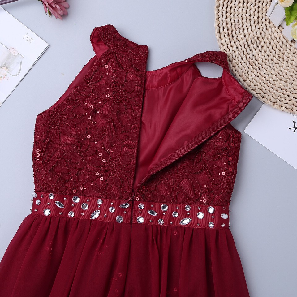 Kids Girls Floral Lace Maxi Dress Rhinestone Pageant Dance Formal Party ...