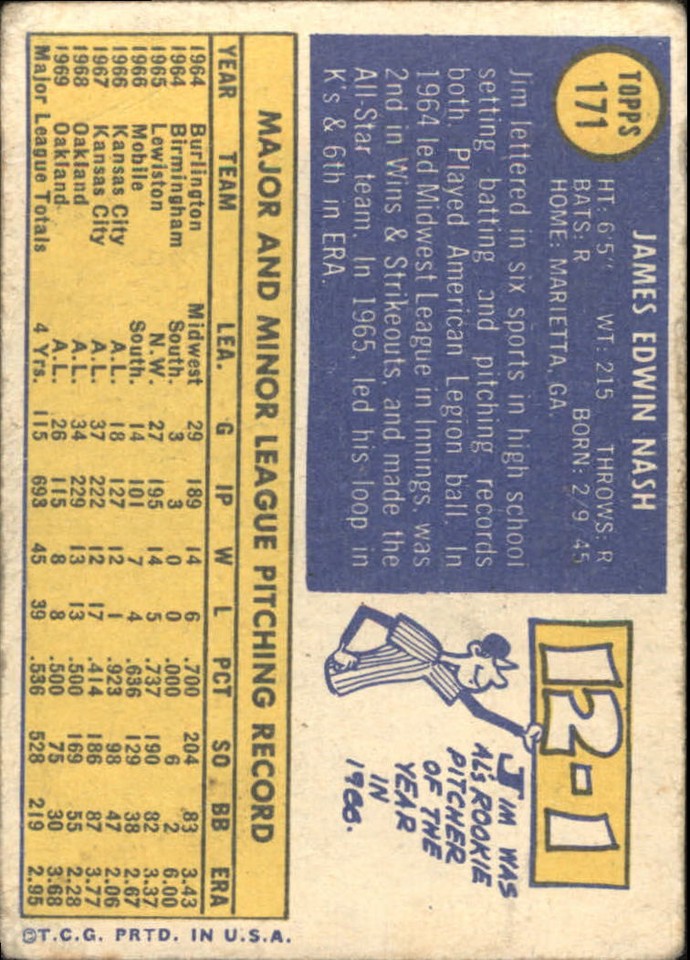 1970 Topps Atlanta Braves Baseball Card #171 Jim Nash - FAIR | eBay