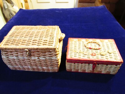 2 Vtg Sewing Basket Nice Condition Woven w/Contents Buttons Seam ...