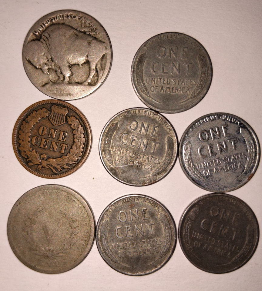 8 COIN LOT ~ Indian Head Penny ~ Buff Nickel ~ Lib V Nickel ~ Steel ...