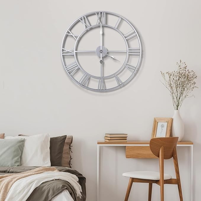 40cm Silver Roman Numeral Wall Clock Large Silent Metal Vintage Decor ...
