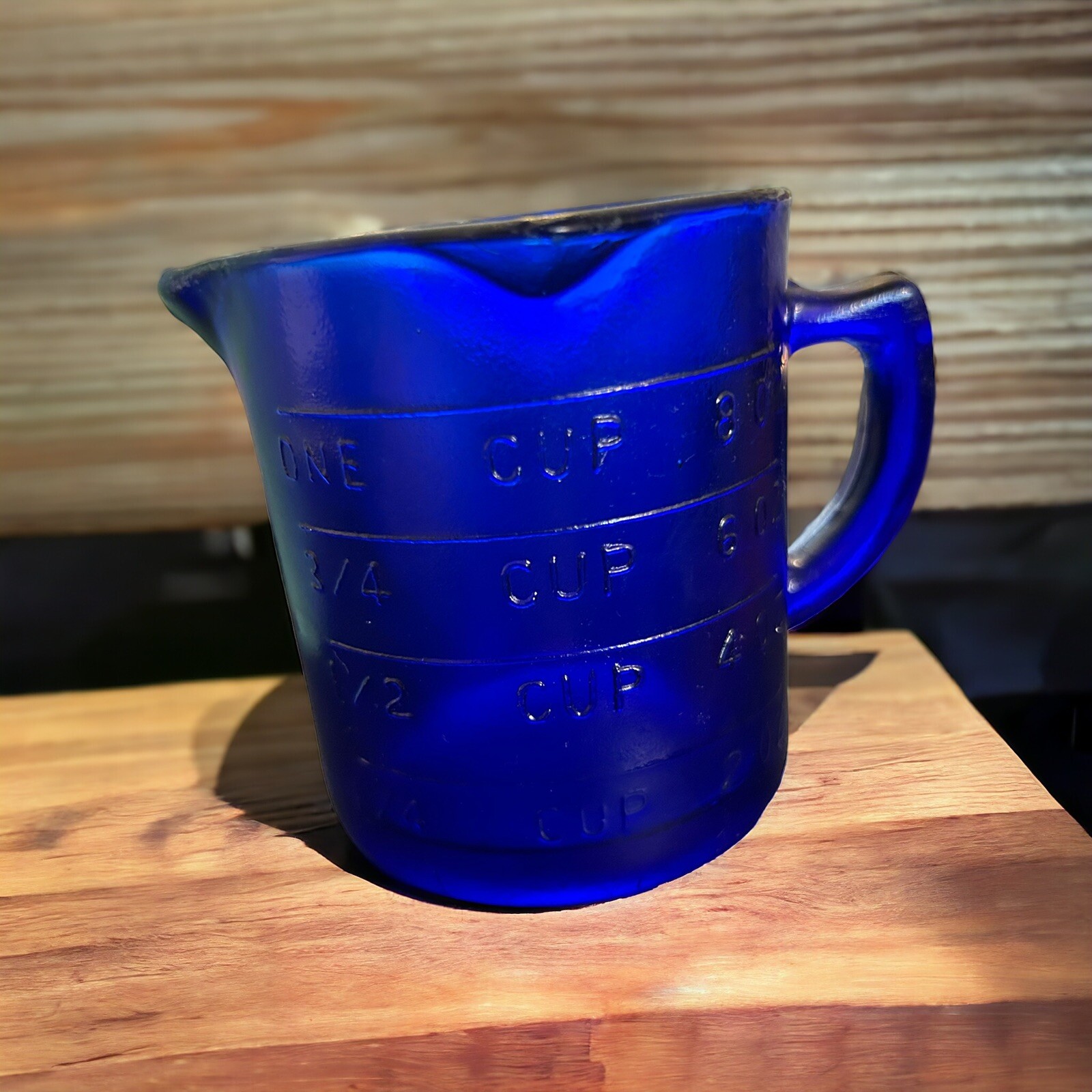 Cobalt Blue Glass 3 Spout Measuring Cup 8 Oz 1 Cup 3.5" Tall W/ Handle ...