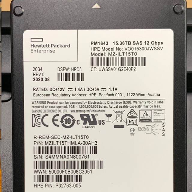 Samsung SSD PM1643 15.36T SAS 12G MZILT15THMLA-00AH3 VO015300JWSSV HPD8 ...