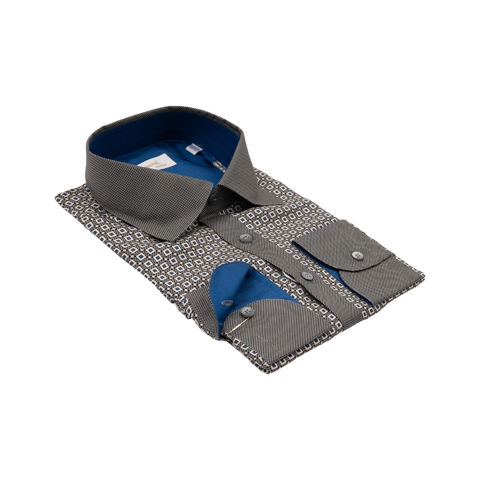 MAROL BOLOGNA Geometric Shirt Gray / Blue 100% COMO SILK Satin 15.75 ...