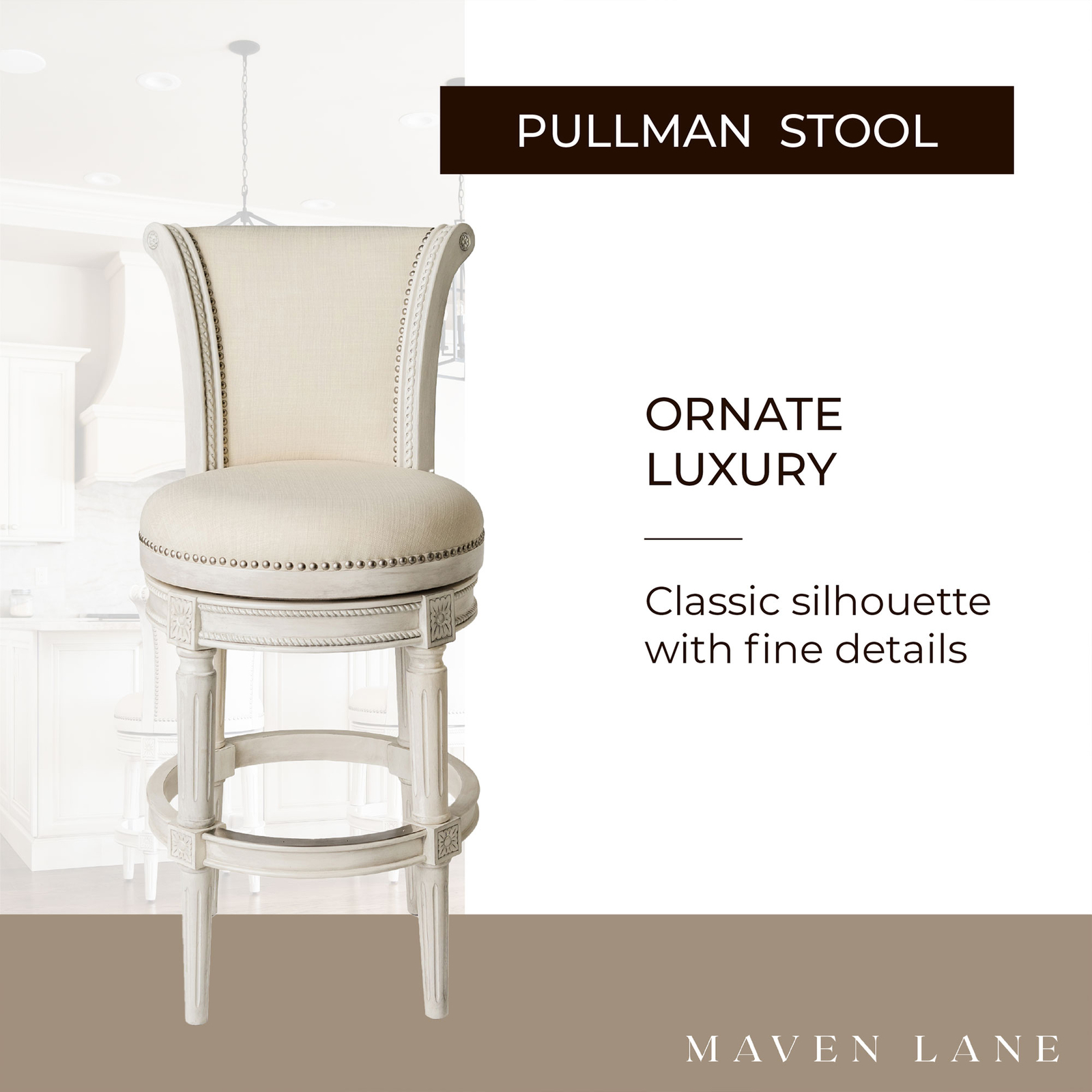 Maven Lane Pullman High-Back Swivel Bar Stool, White Oak, Bar Height ...