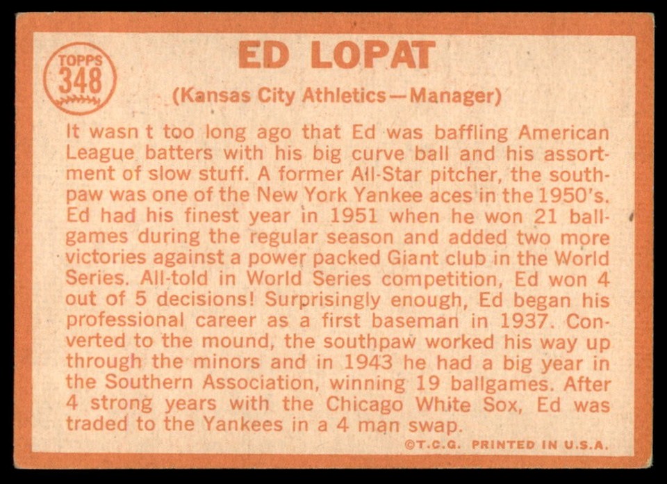 1964 Topps #348 ED LOPAT Mgr Kansas City Athletics VG/EX | eBay