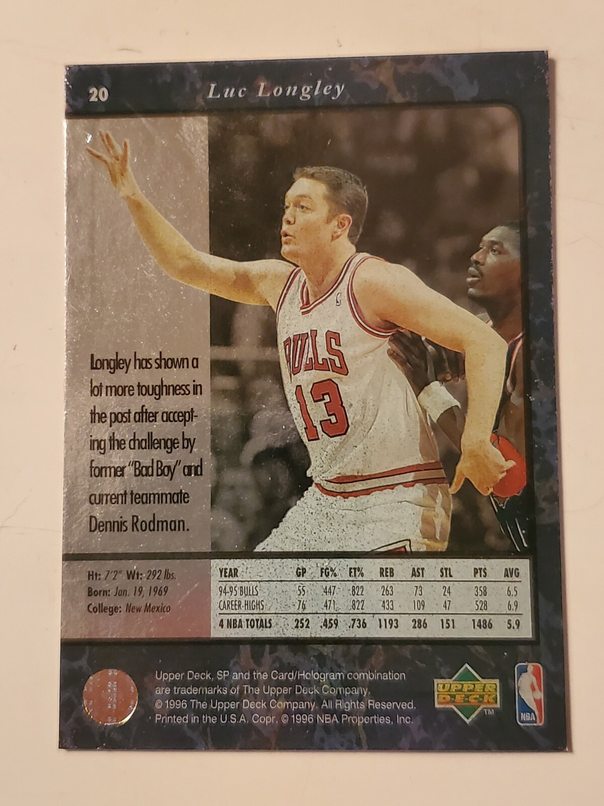 Authentic Upper Deck 1996 Luc Longley #20 Chicago Bulls NBA Trading ...