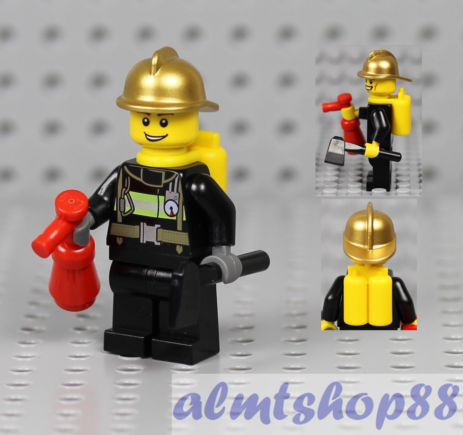 LEGO - Male Minifigure Firefighter & Golden Helmet Extinguisher Axe ...