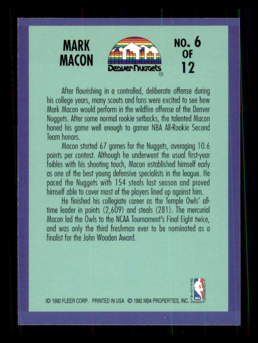 1992 Basketball Fleer Mark Macon Denver Nuggets #6 RS6 | eBay
