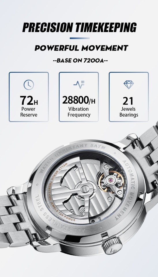 Welly Merck Men's Watch Automatic Mechanical 5ATM Moon Phase Sapphire ...