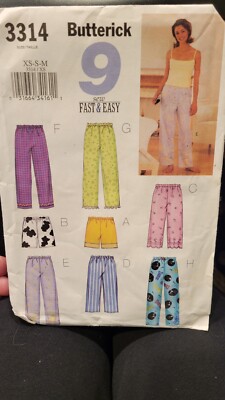 EASY FAST BUTTERICK SEW 3314 MISS SZ XS-S-M PANTS BOTTOMS LOUNGE PJ ...