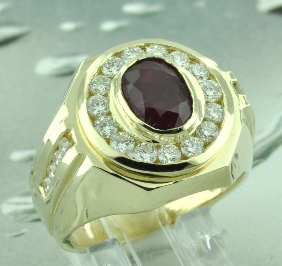 Huge 3.15 ct 14k Solid Yellow Gold Men's Natural Diamond & Oval Ruby ...