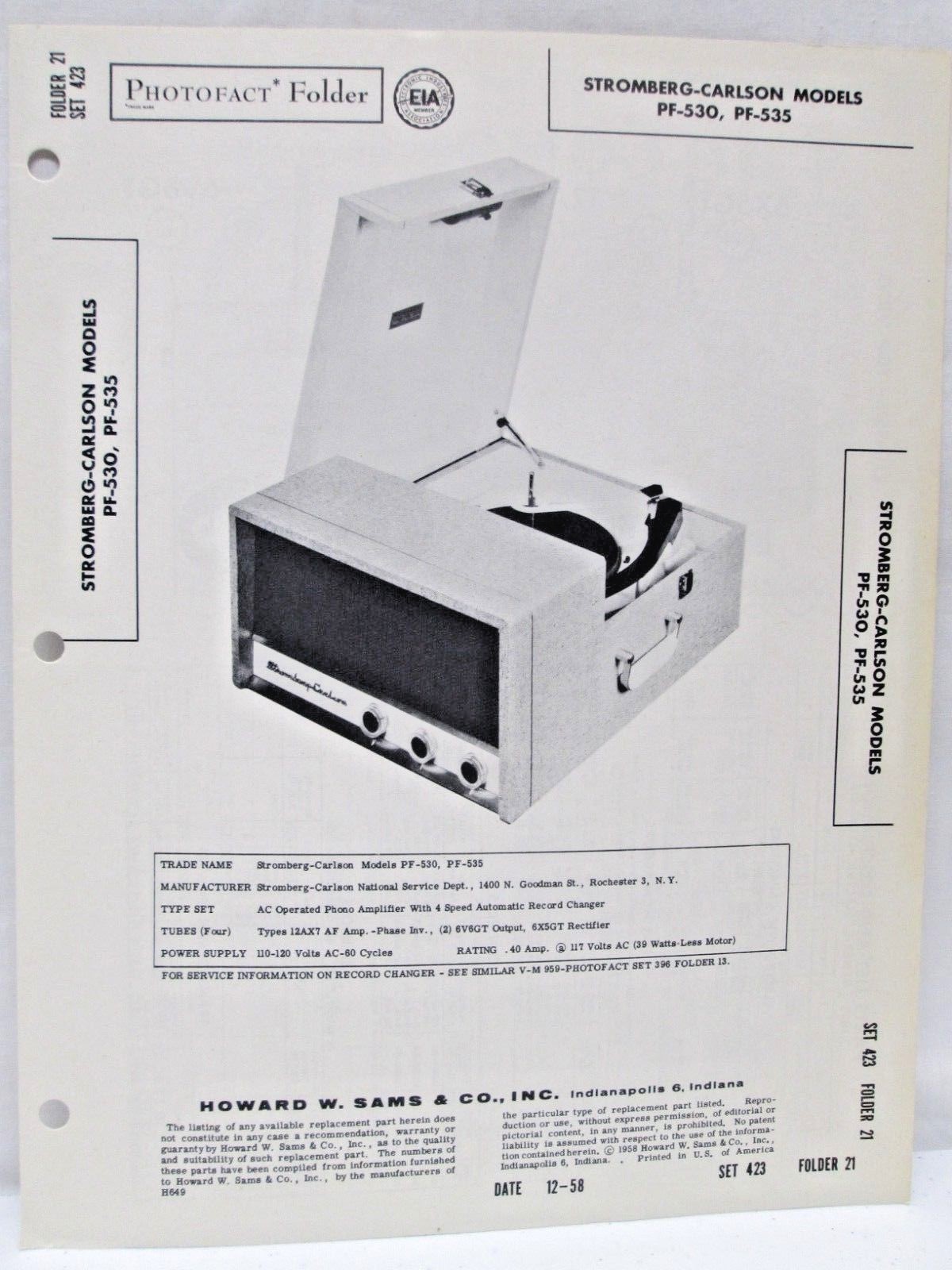 Sams Photofact Folder Radio Parts Manual Stromberg Carlson PF-530 PF ...