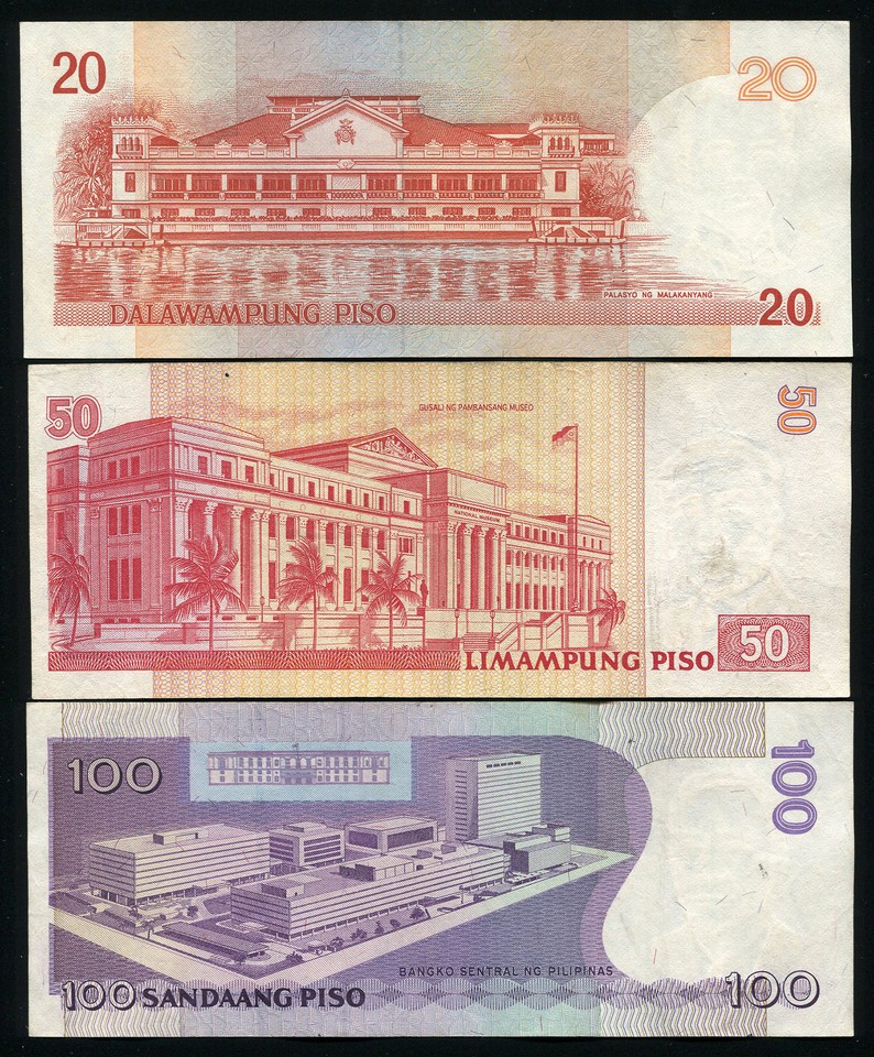 Philippines - SET 3 Banknotes - 20 50 100 Piso 2002 2004 2008 P-182 193 ...