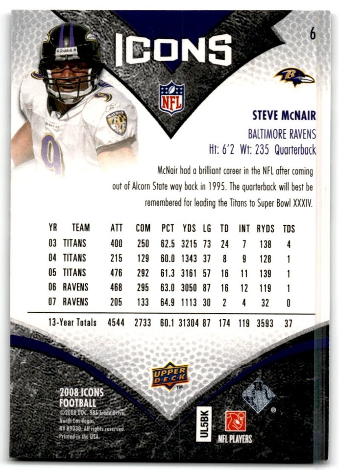 2008 Upper Deck Icons #6 Steve McNair Baltimore Ravens | eBay